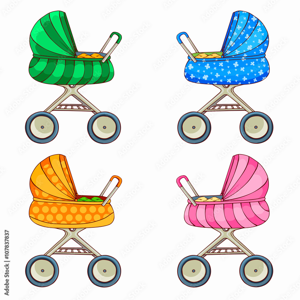 Vector illustration of baby carriages. Color set of cartoon prams for ...