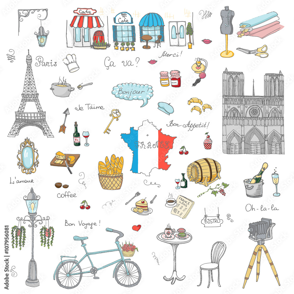 Set of hand drawn French icons, Paris sketch vector illustration ...