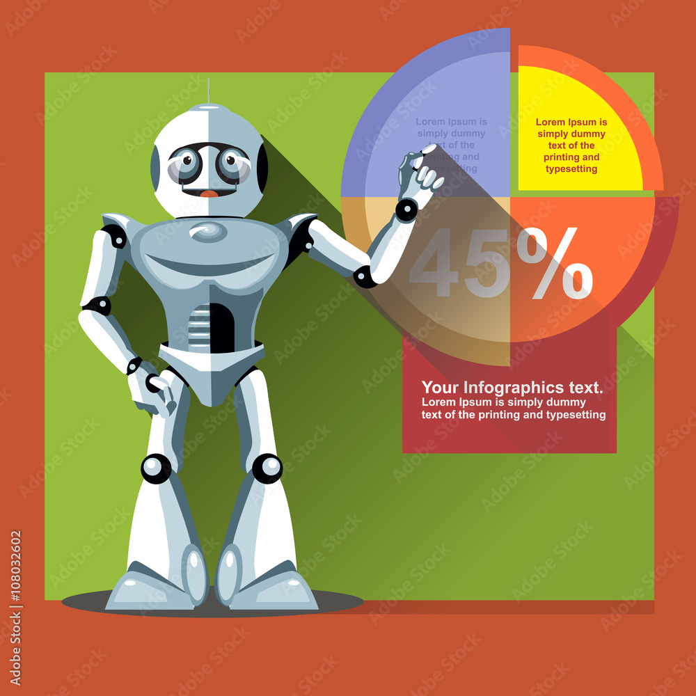 Silver humanoid robot presenting info graphic on a display. Digital ...