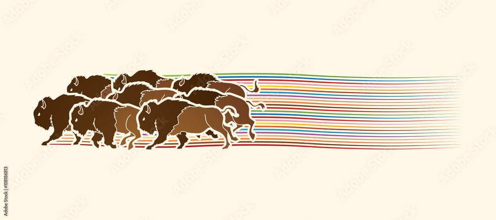 Group of buffalo running designed on line rainbows movement graphic ...