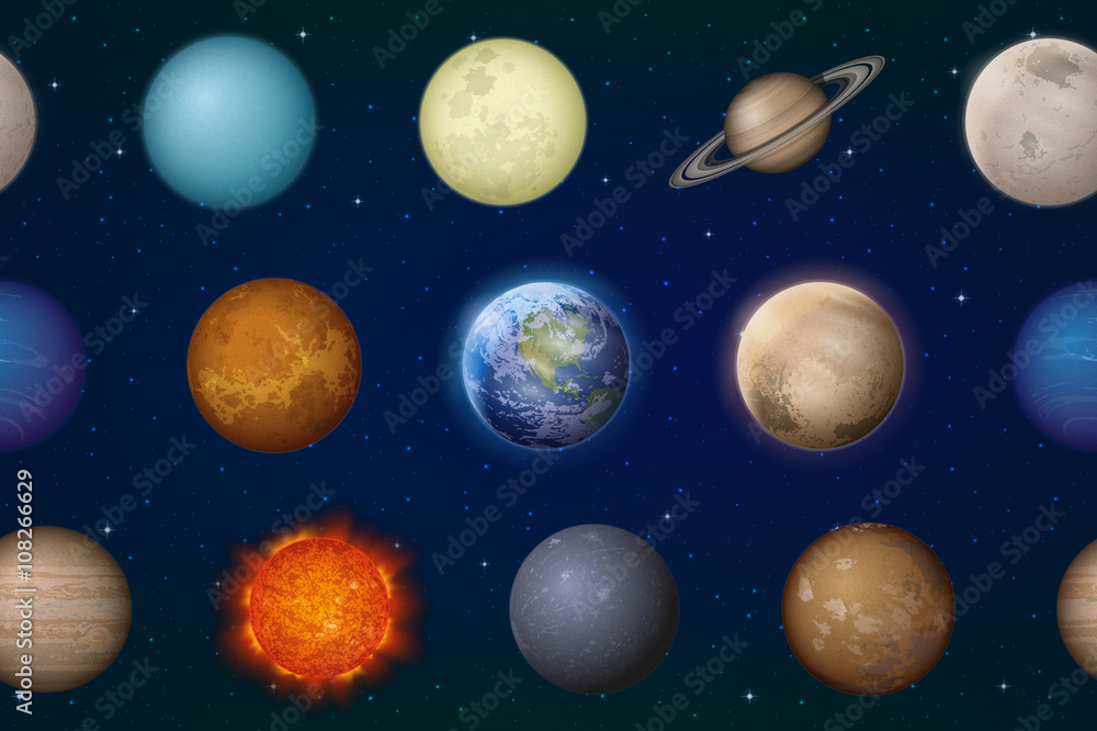 Space Seamless Background with Solar System Planets Sun, Earth, Moon ...