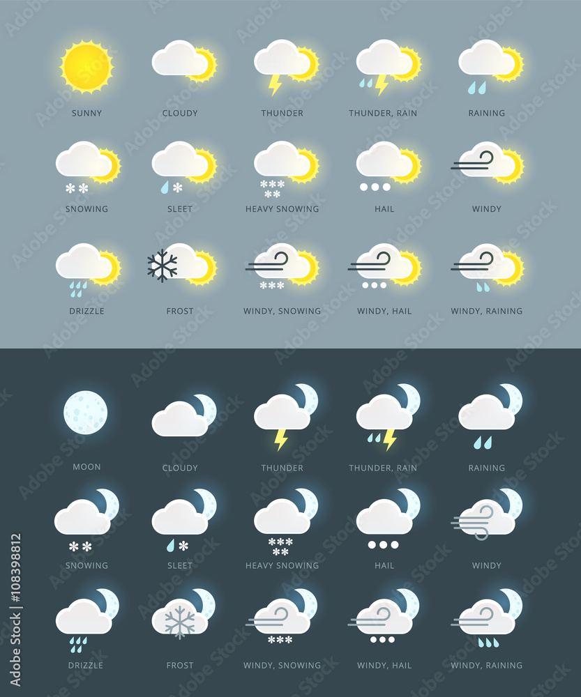 Vektor Flat colored weather icons collection with day and night ...