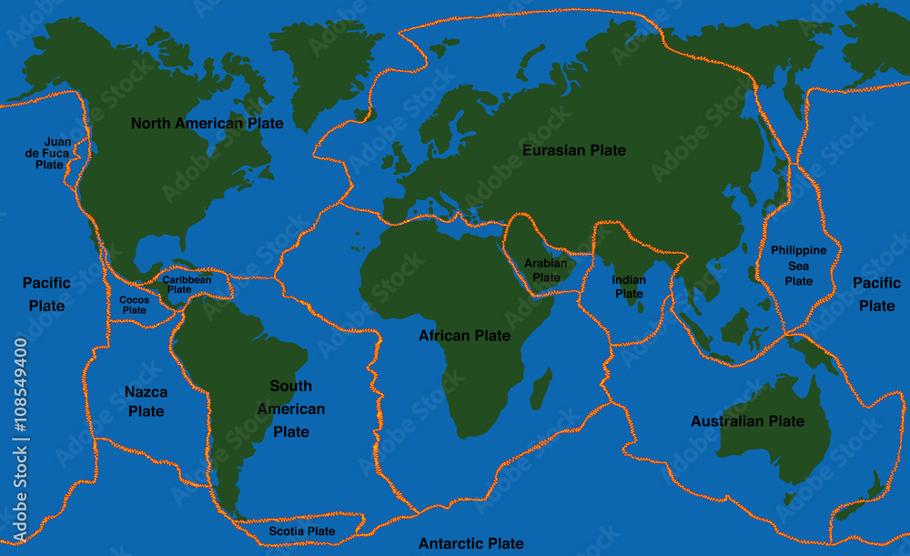 Plate tectonics - world map with fault lines of major an minor plates ...
