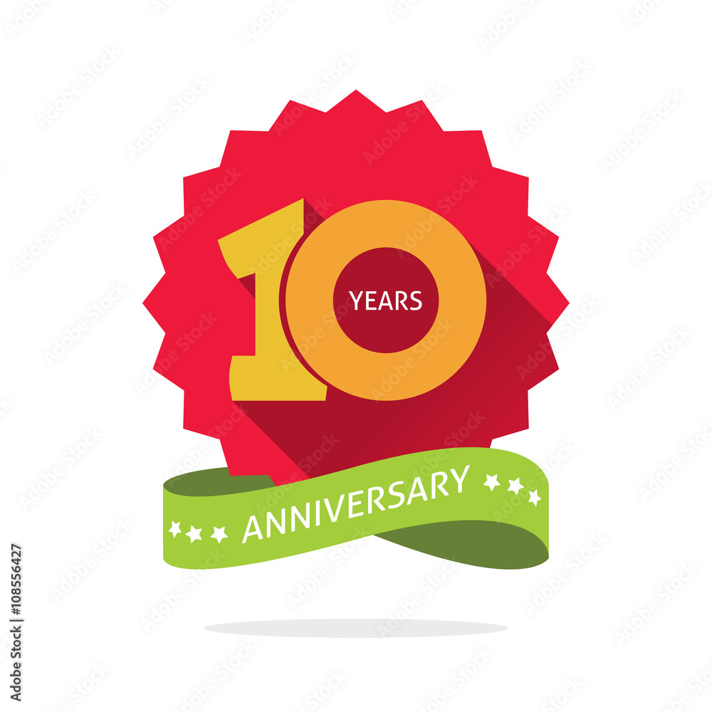 shadow on red starburst and yellow number 10 ten. 10 years anniversary ...