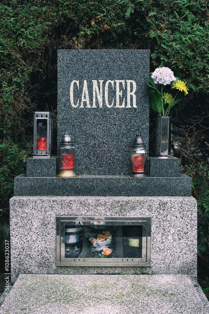 Cancer as civilization disease. Gravestone with text Cancer. Metaphor ...