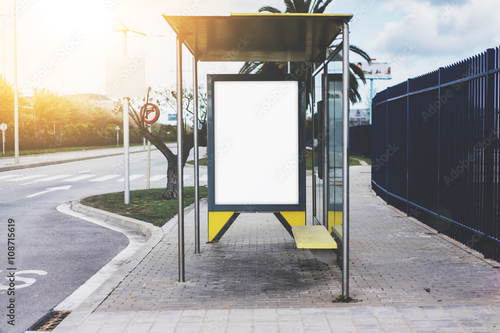 Blank advertising light box on the bus stop, mock-up of empty ad ...