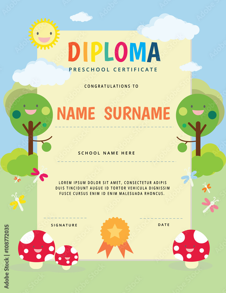 Preschool Elementary school Kids Diploma certificate template. Full ...