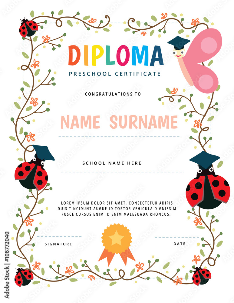 Preschool Elementary school Kids Diploma certificate template. Full ...