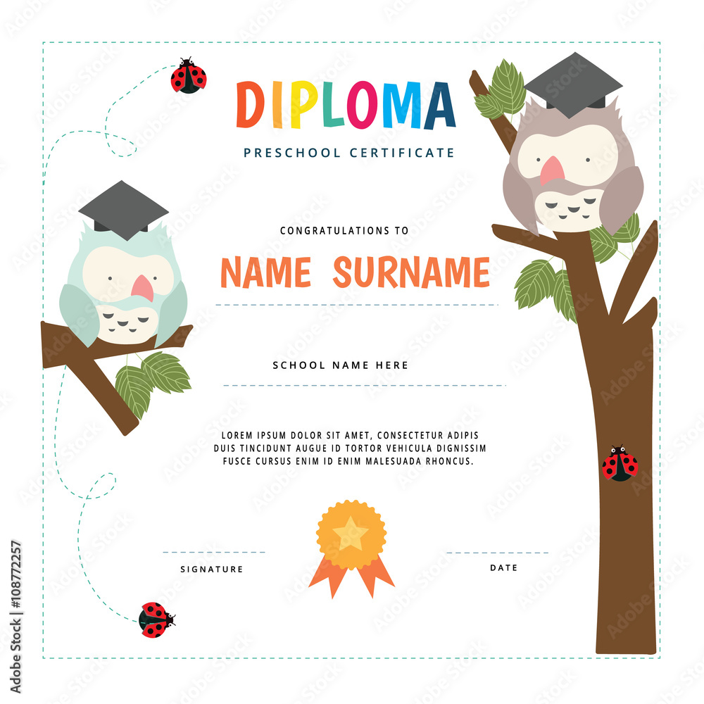 Preschool Elementary school Kids Diploma certificate template. Full ...