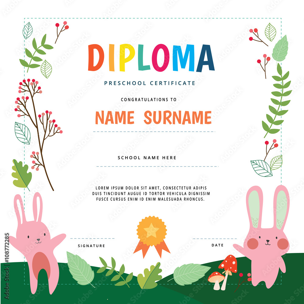 Preschool Elementary school Kids Diploma certificate template. Full ...