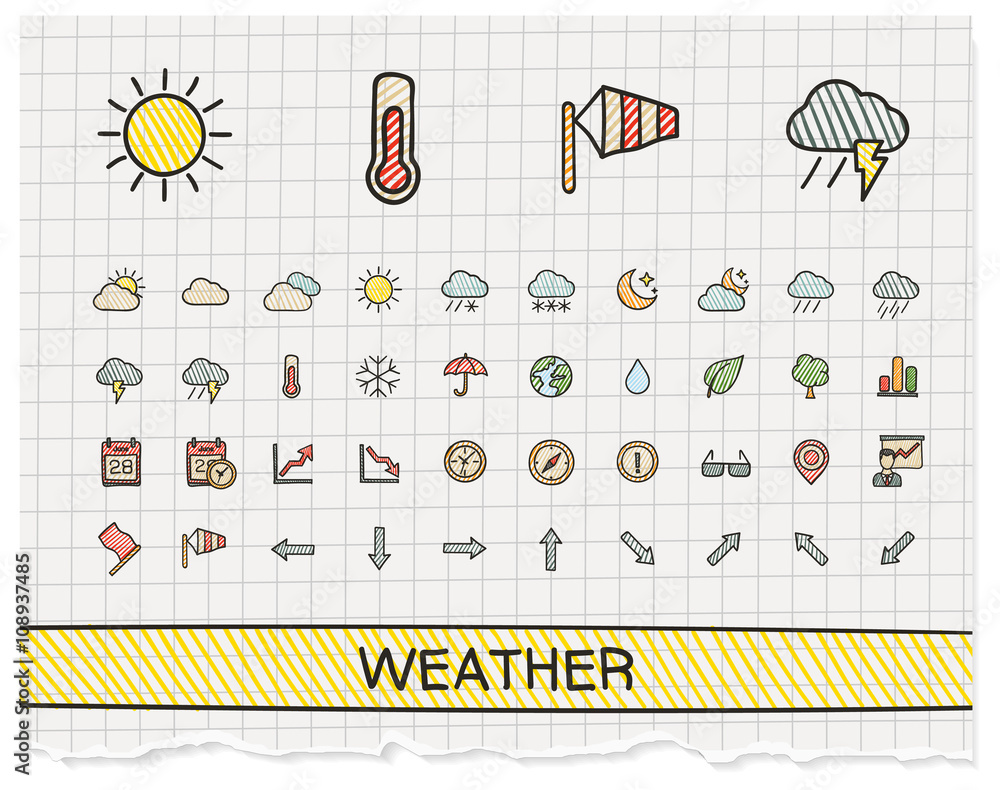 Weather hand drawing line icons. Vector doodle pictogram set. color pen ...