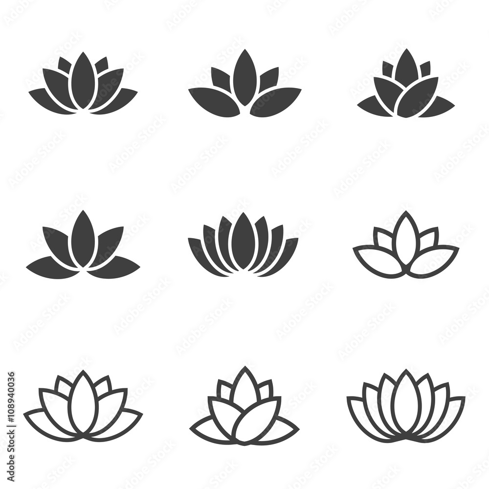 Vector black lotus icons set on white background. Lotus plant. Lotus ...