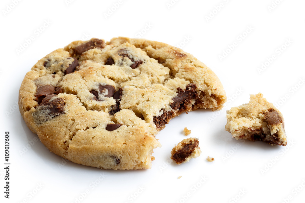 Single light chocolate chip cookie, bite missing with crumbs, is Stock ...