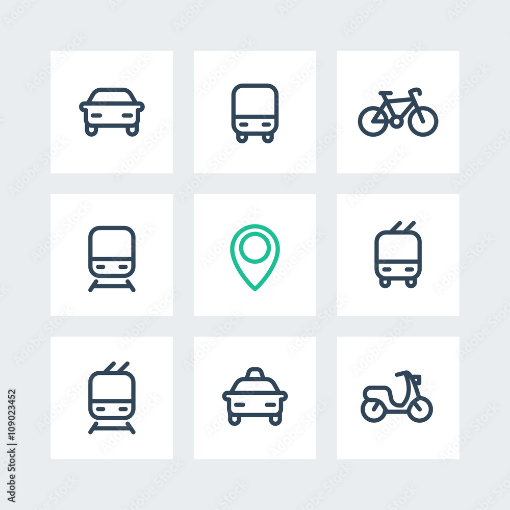 City and public transport icons on squares, public transportation ...