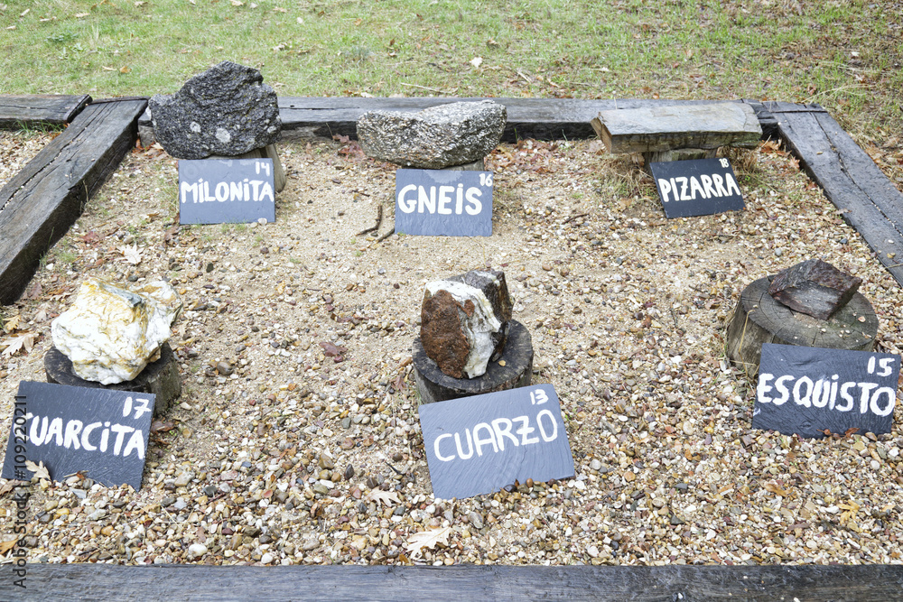 Group of metamorphic rocks and minerals with blackboards with their ...