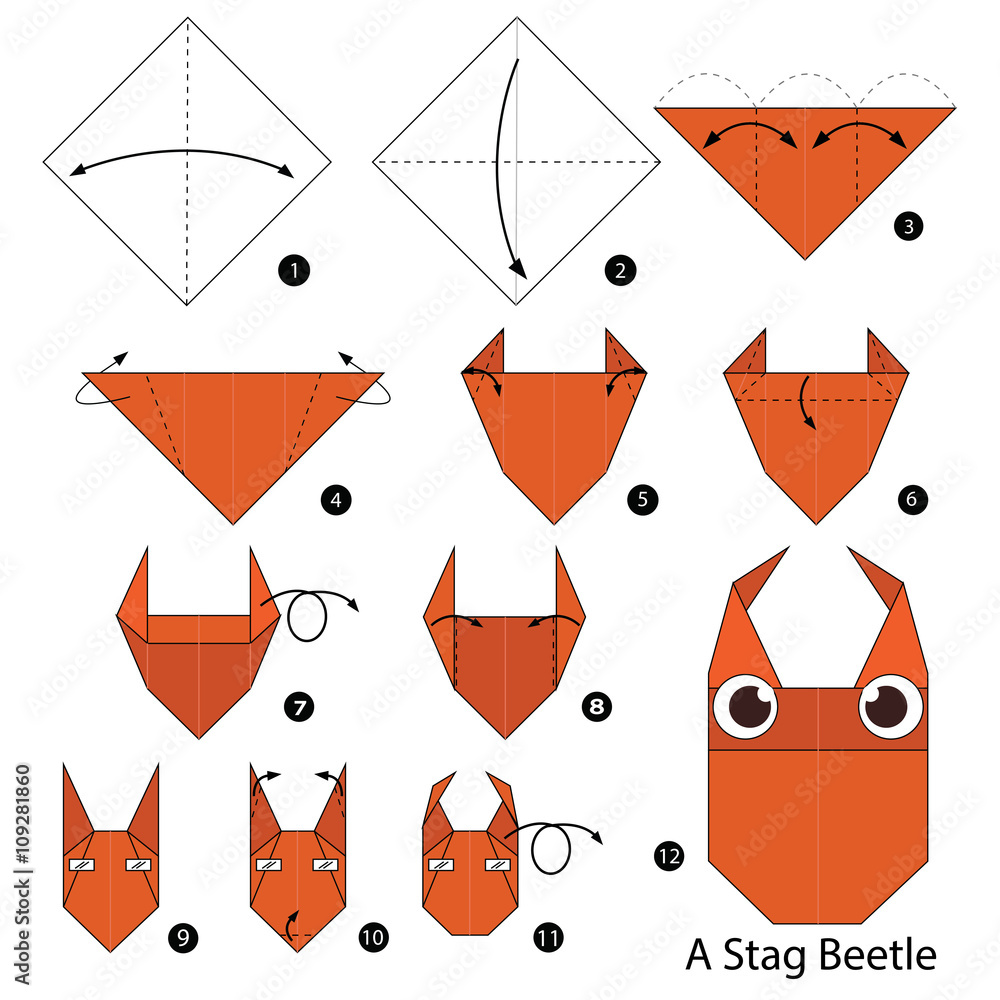 Step by step instructions how to make origami A Stag Beetle. Stock ...
