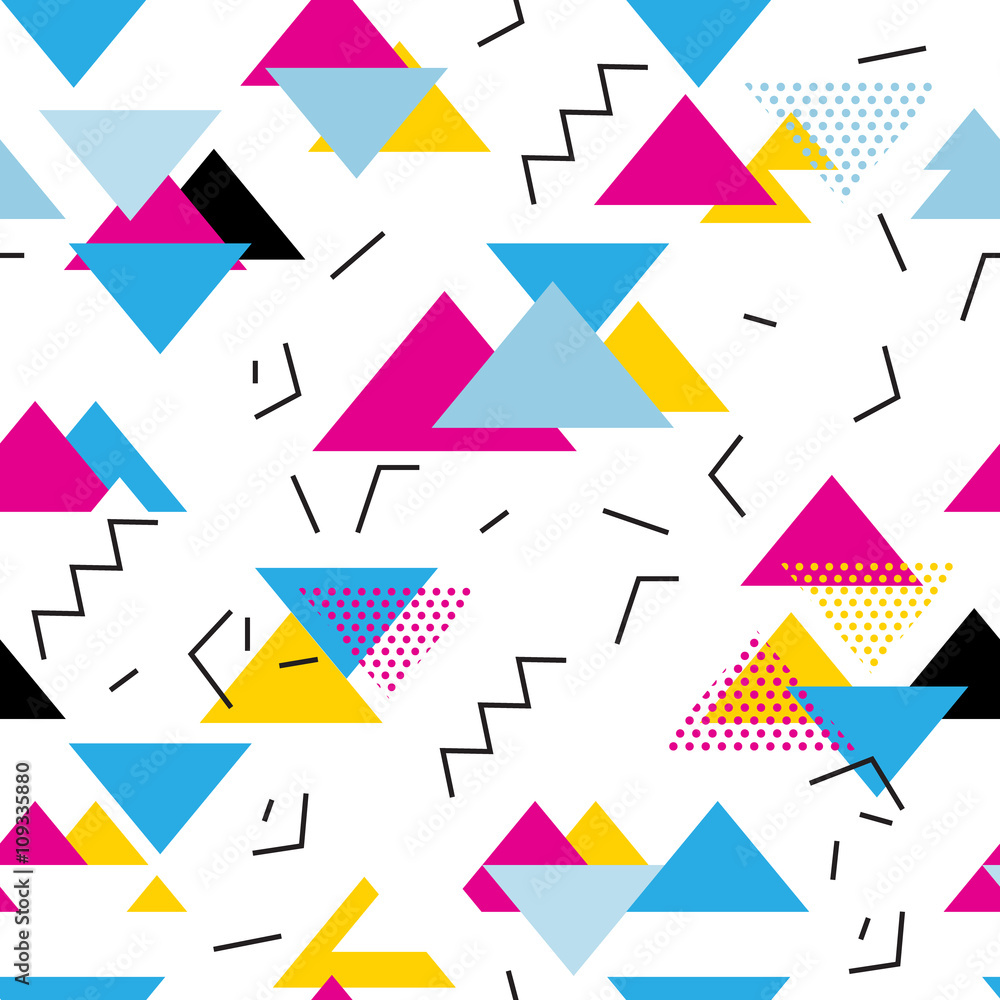 Seamless geometric pattern with magenta, blue, yellow triangles in pop ...