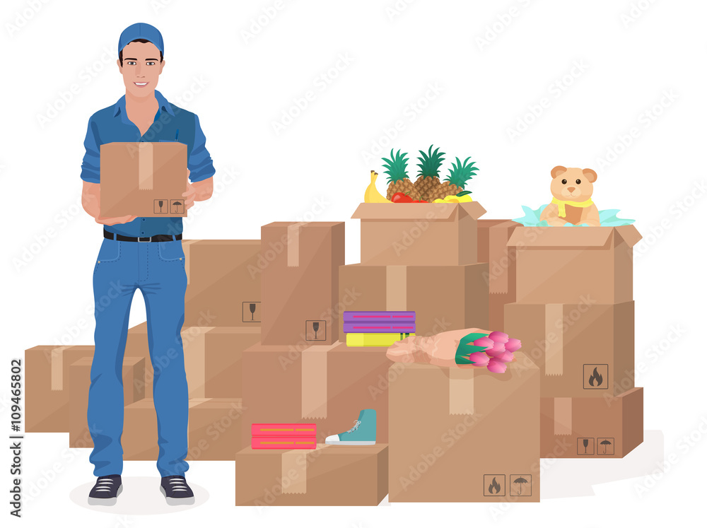 Delivery move service man holding Craft box. Cargo concept vector ...