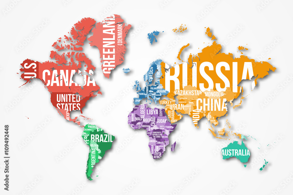 Vector detailed world map with borders and country names. Education ...
