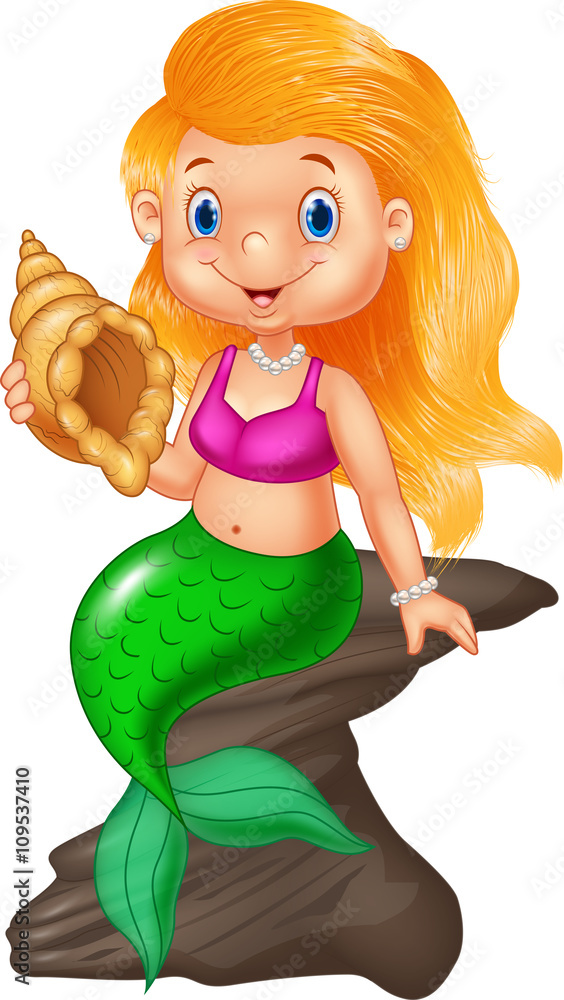Cartoon mermaid holding Seashell on the rock Stock Vector | Adobe Stock