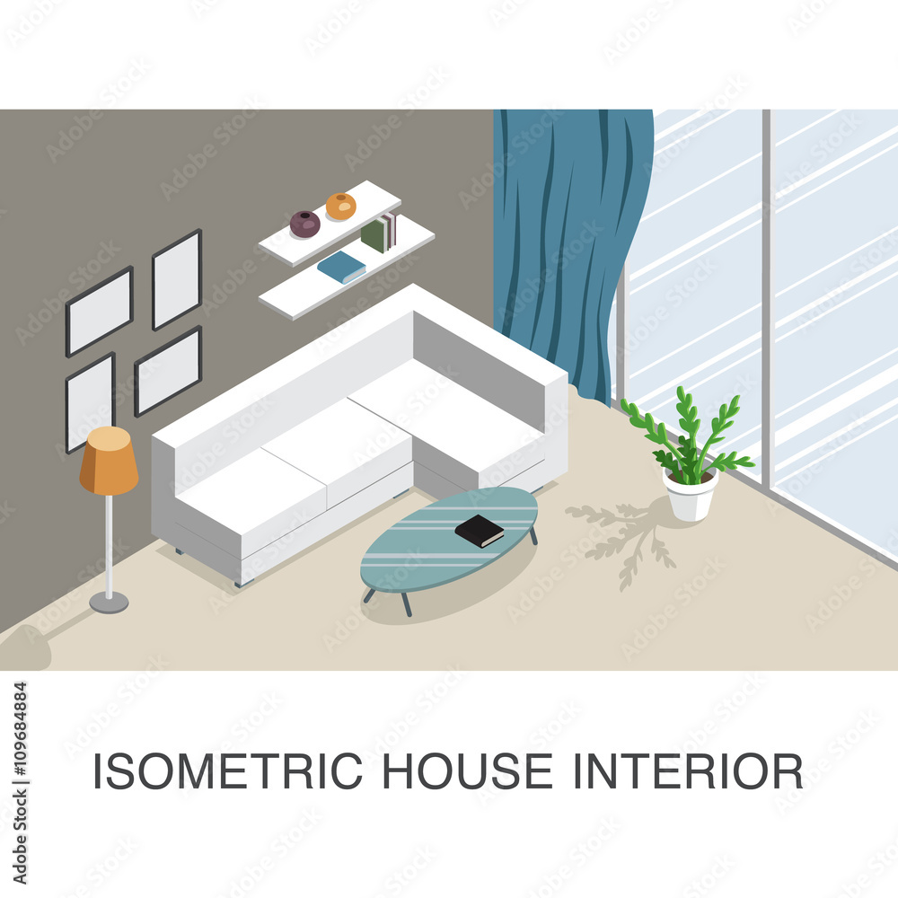 Isometric house interior concept with furniture and plant vector ...