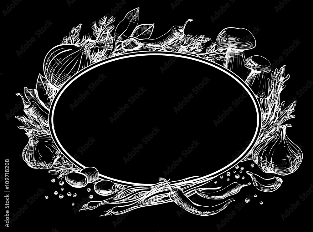 Center oval frame empty for text around it are spices, herbs ...