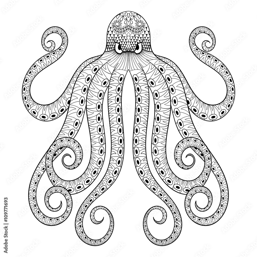 Vector zentangle octopus print for adult coloring page. Hand dra Stock ...
