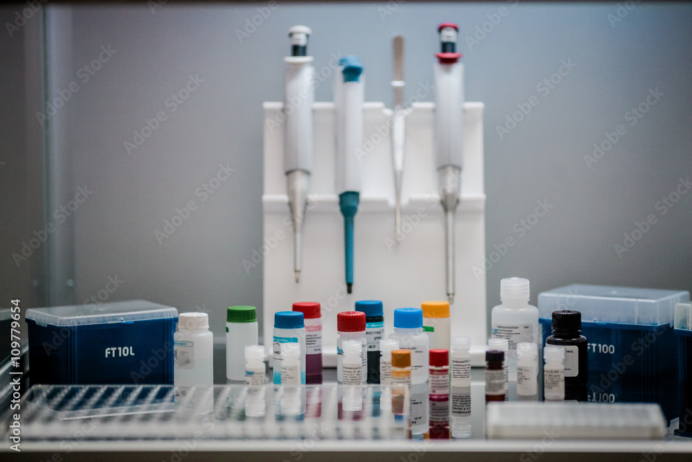 Set for the study (table with instruments, pipettes and samples) Stock ...