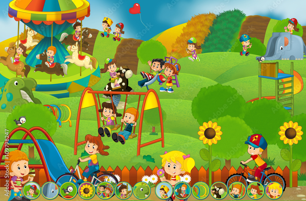 Cartoon scene of kids playing in the funfair - matching game ...