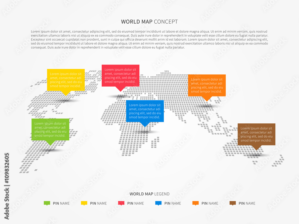 Perspective world map infographic with colorful pointers vector illustration. Modern perspective ...