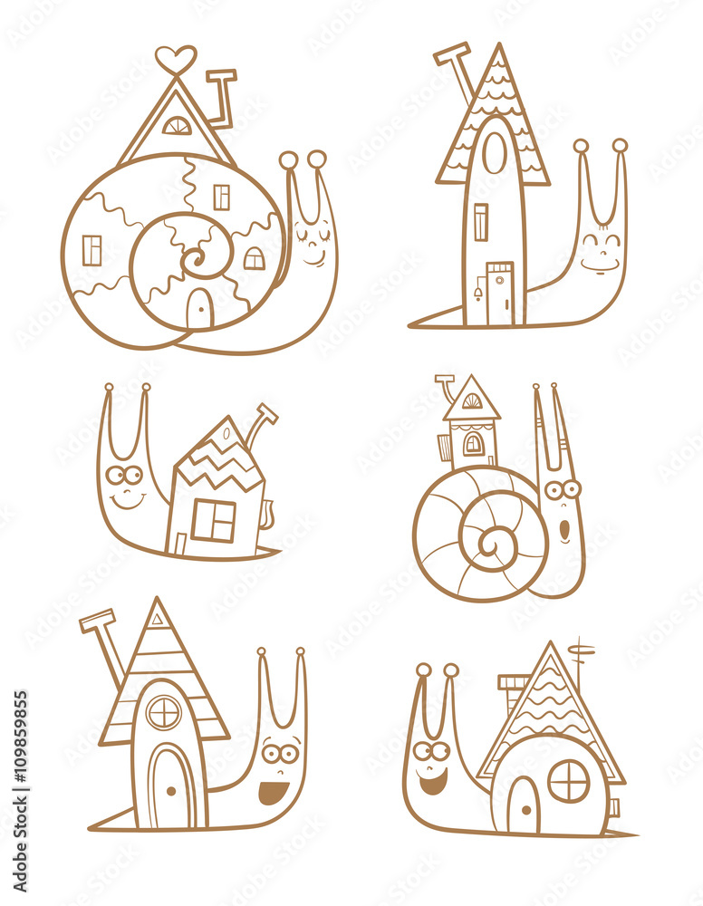 Cute cartoon snails and their houses set. Sweet home. Children's ...