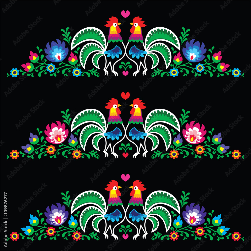 Polish folk art embroidery with roosters - traditional folk pattern ...