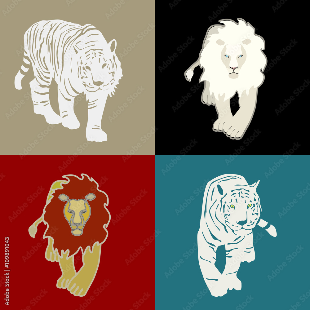 Logos: white lion, yellow lion, white tigers, background (black, red ...