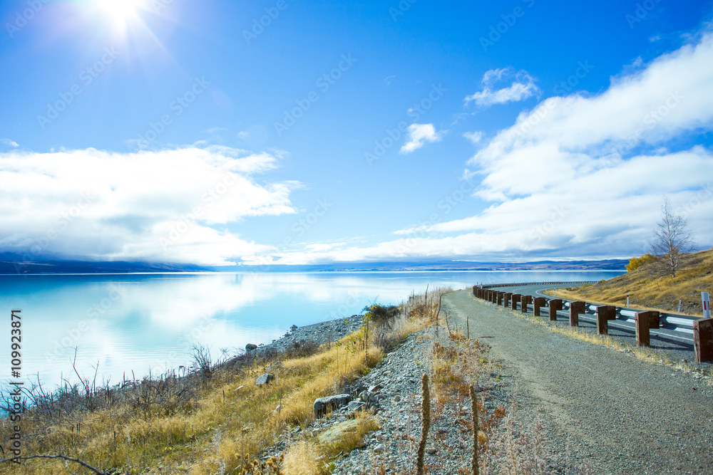 Lake Pukaki has a distinctive color, that caused by glacial flour. The ...