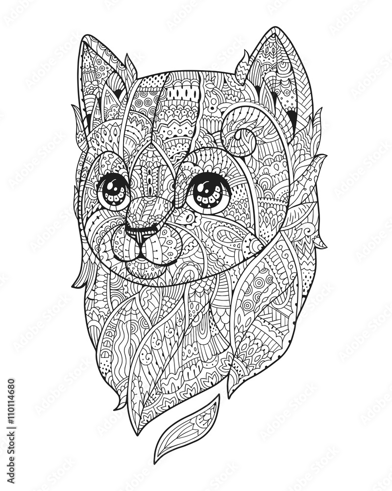 Zen art cat. Hand-drawn fluffy cat portrait in zentangle style for ...