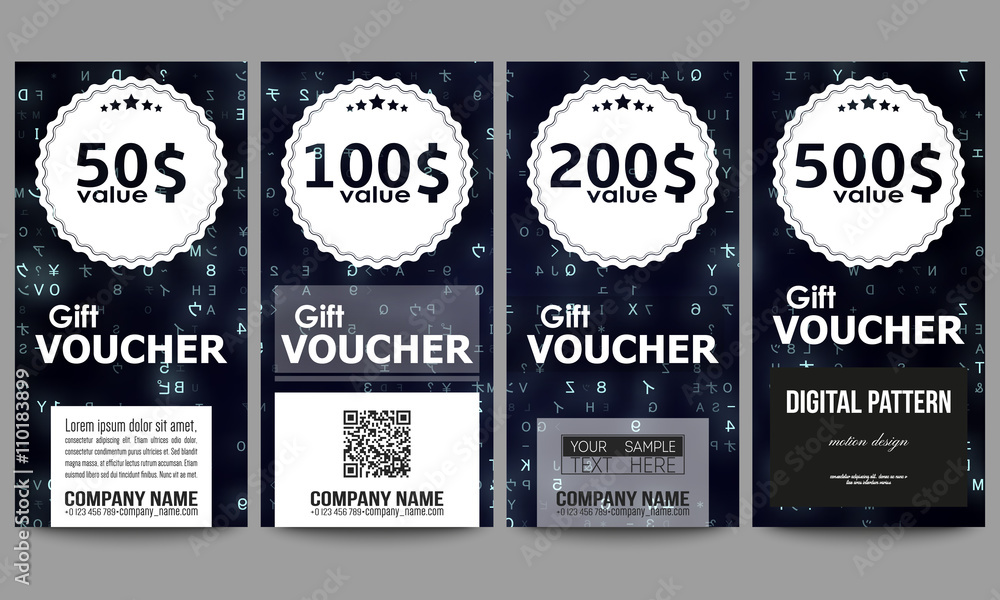 Set of modern gift voucher templates. Virtual reality, abstract ...