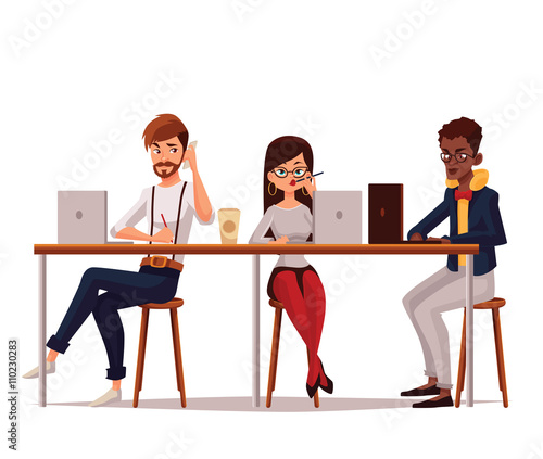 coworking, collaborative teamwork, cartoon comic illustration on a ...