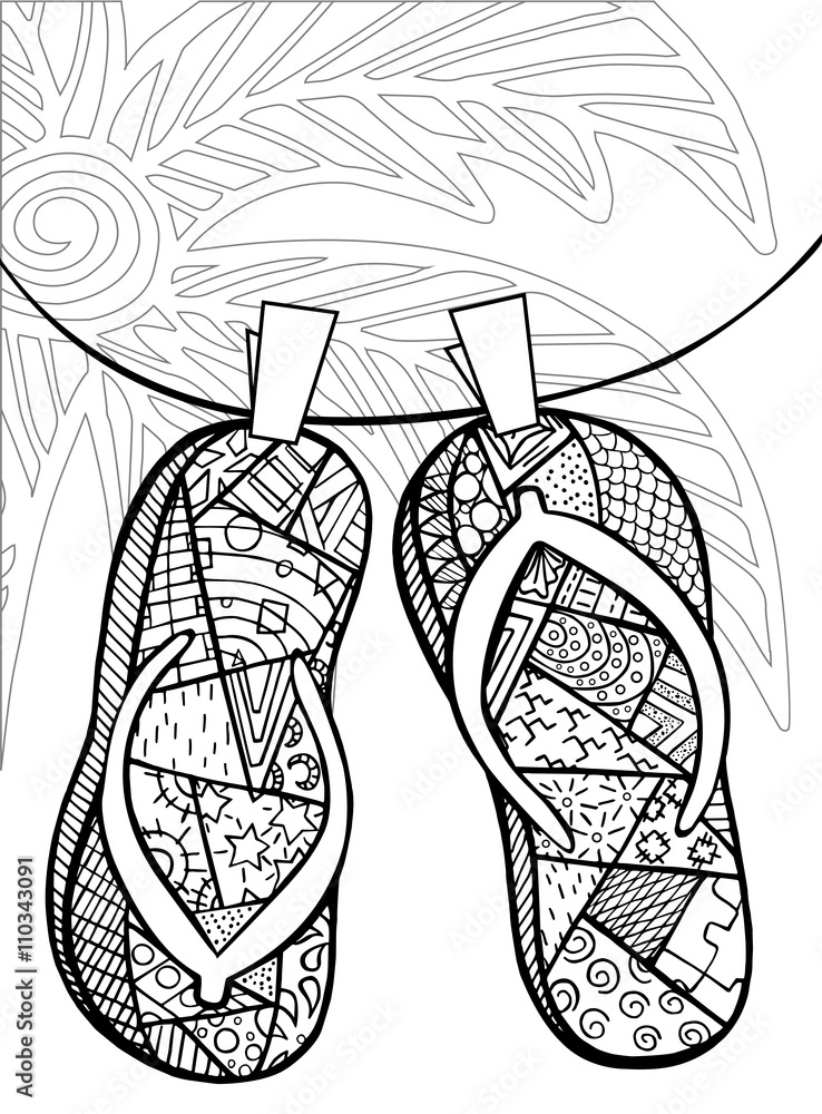 Vektor Hand drawn zentangle of flip flops at the beach for coloring ...