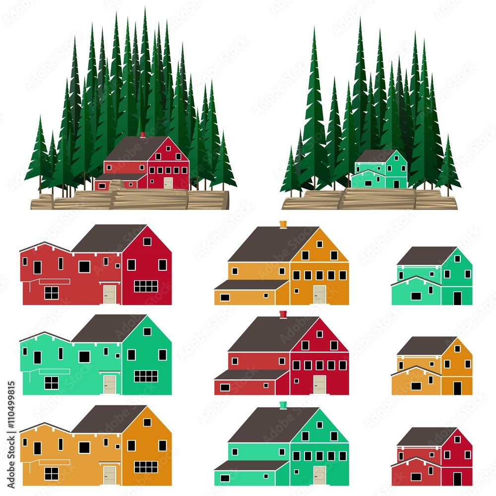 Collection of colorful cartoon houses, rocks and trees. Canadian style ...