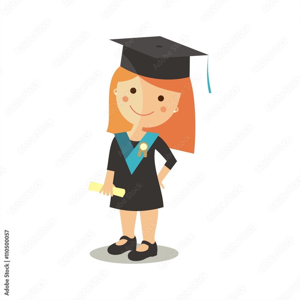 Niña graduada con beca, diploma y birrete. Ilustración aislada Stock ...