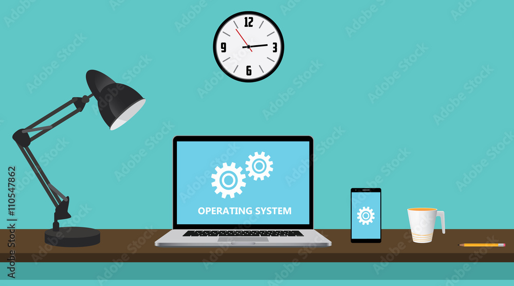 os operating system computer with gear and notebook on workdesk vector ...
