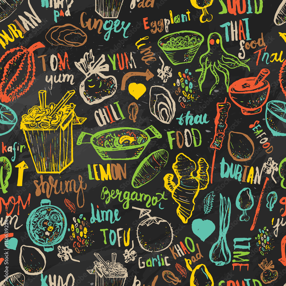 Thai food seamless hand drawn rough pattern. Thai sketches. Vector ...