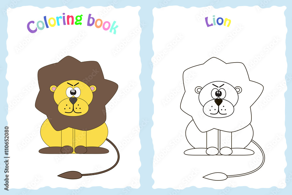 Coloring book page for preschool children with colorful lion and sketch ...