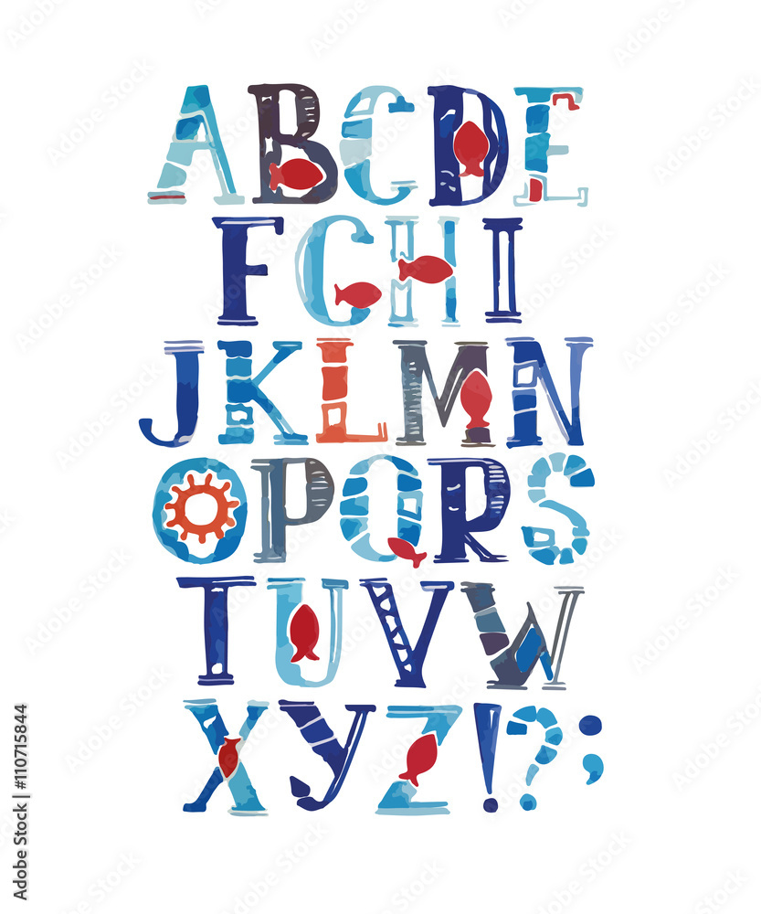 Watercolor alphabet in marine style. Vector with colorful letters. Hand ...