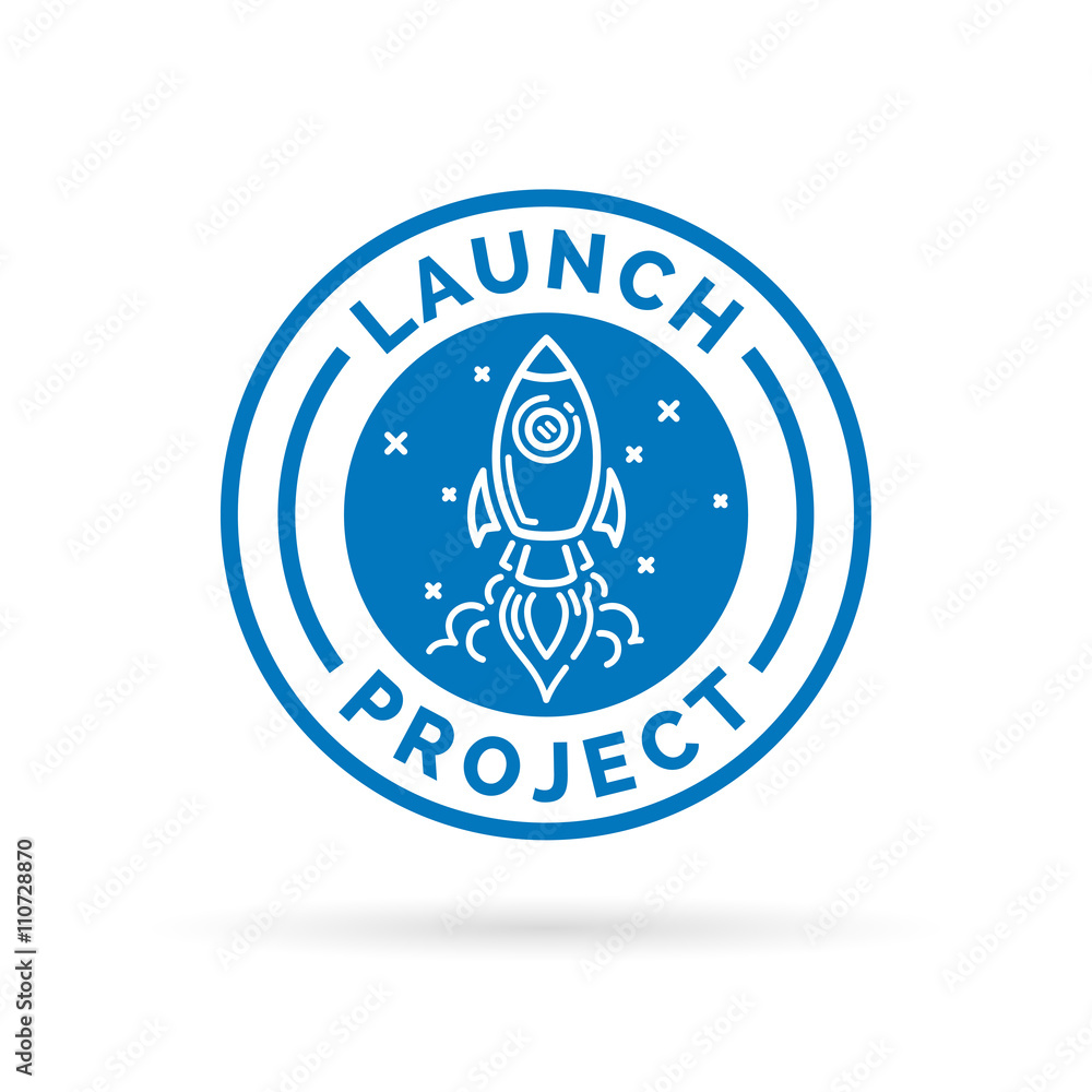 Launch new start up project icon with blue flying space rocket stamp ...