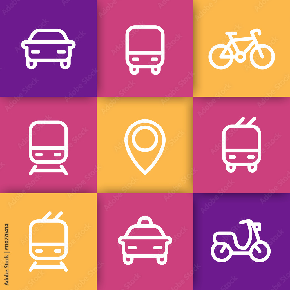 City and public transport icons set, public transportation signs, route ...