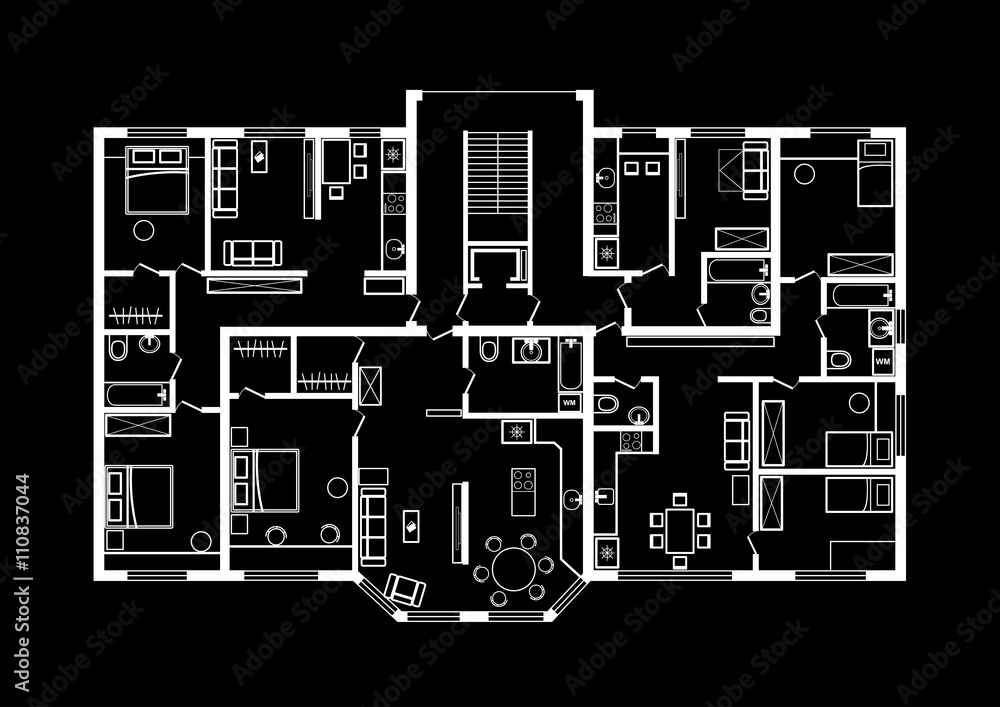 linear architectural sketch plan of apartment section on black ...