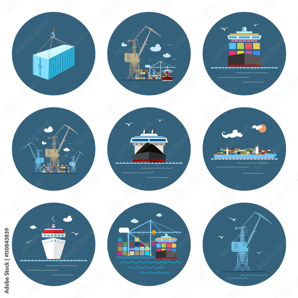 Set of Cargo Icons, Dry Cargo Ship and Container Ship, Unloading ...