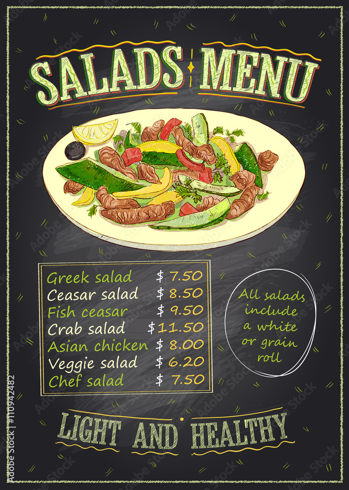 Salads menu list chalkboard design with vegetables and meat salad 素材庫向量 ...