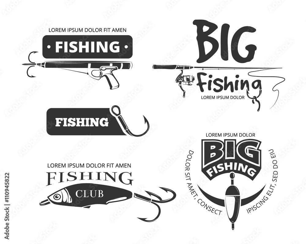 Retro fishing club vector badges, labels, logos, emblems. Label and ...